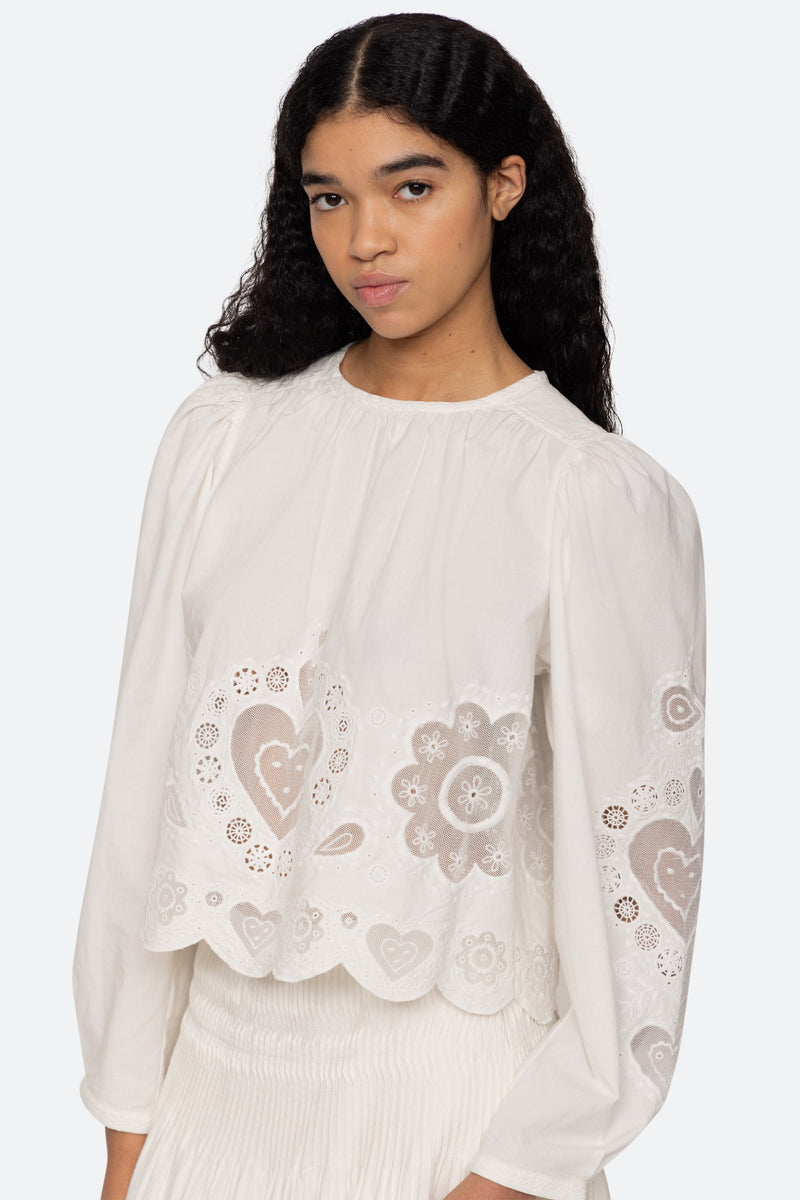Jeanetta Eyelet Long Sleeve Top in White – Bunny and Babe Winnetka